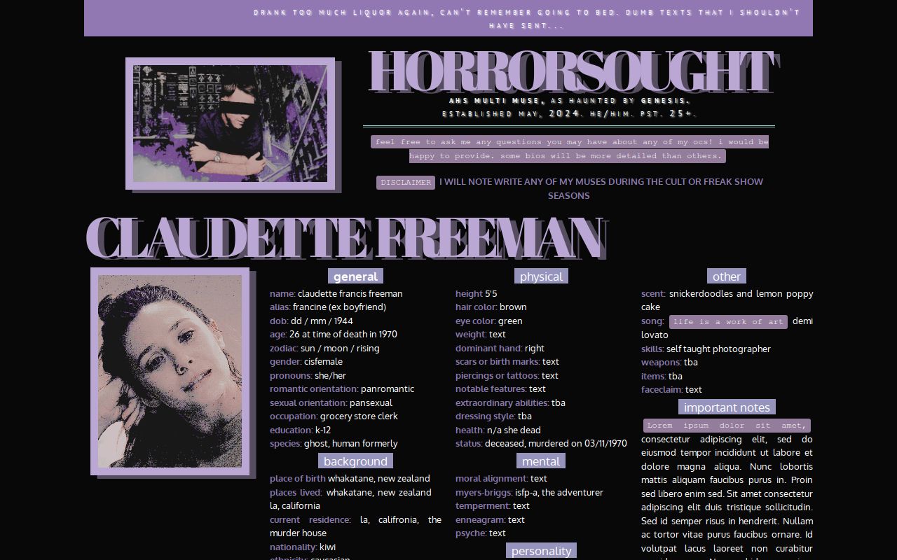 HORRORSOUGHT BIOS OCS